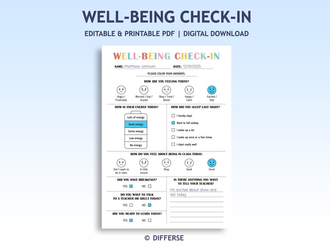 Kids Wellbeing Check-in Sheet | Daily Emotion Morning Check-in | Mental ...