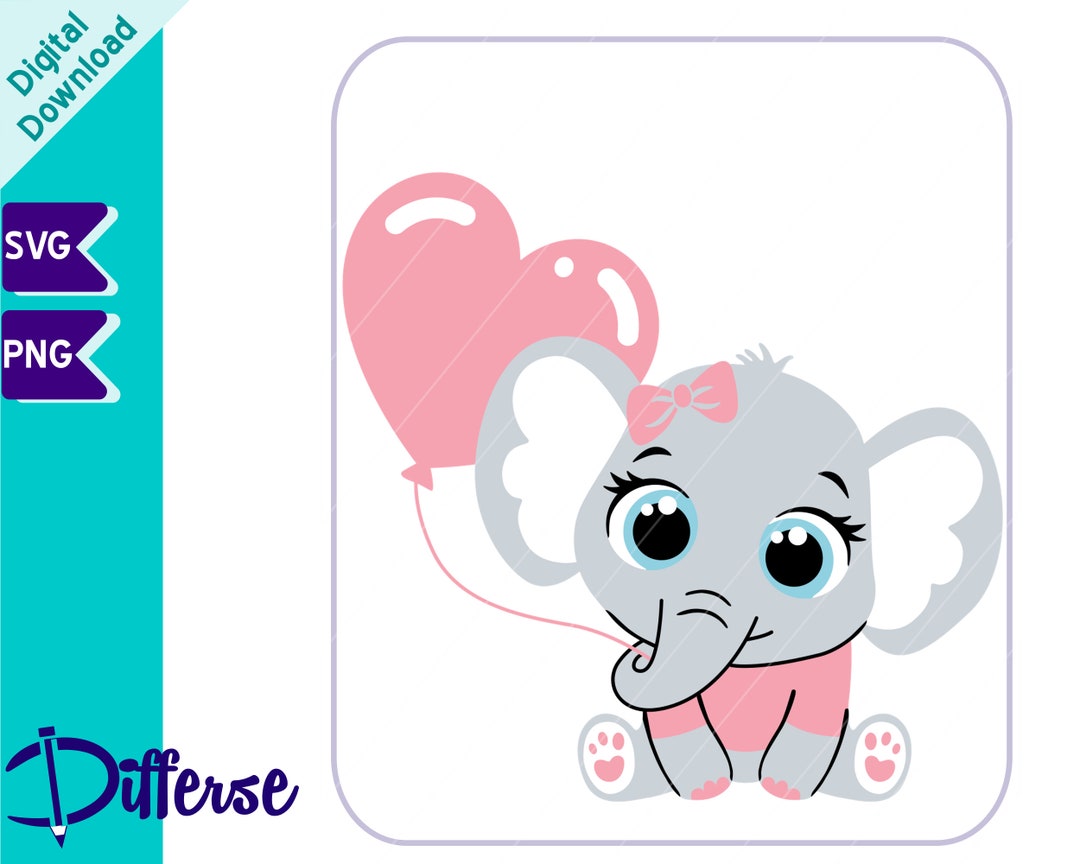 Cute Baby Elephant With Balloon | SVG Cut File & PNG | Baby Elephant ...