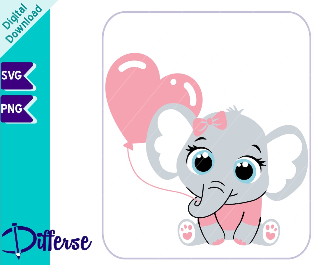 Cute Baby Elephant With Balloon SVG Cut File & PNG Baby - Etsy