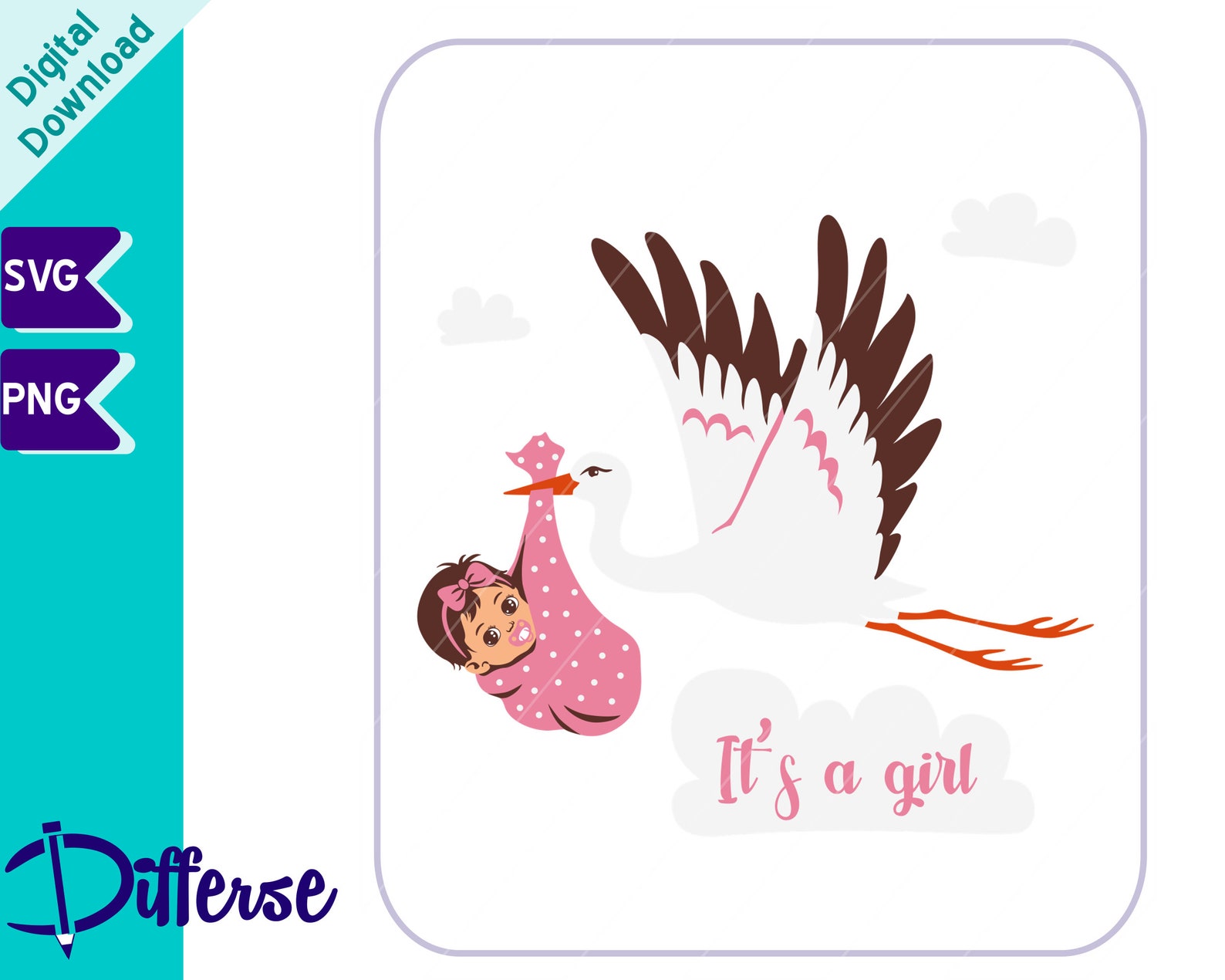 Stork With Baby Girl SVG Cut File & PNG Cute Baby Girl PNG - Etsy