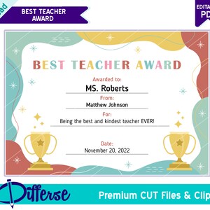 Best Teacher Award Award Certificate Editable Certificate Custom ...