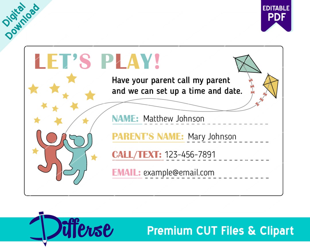 Play Date Cards Kids Contact Cards Calling Card for Kids Lets Play ...