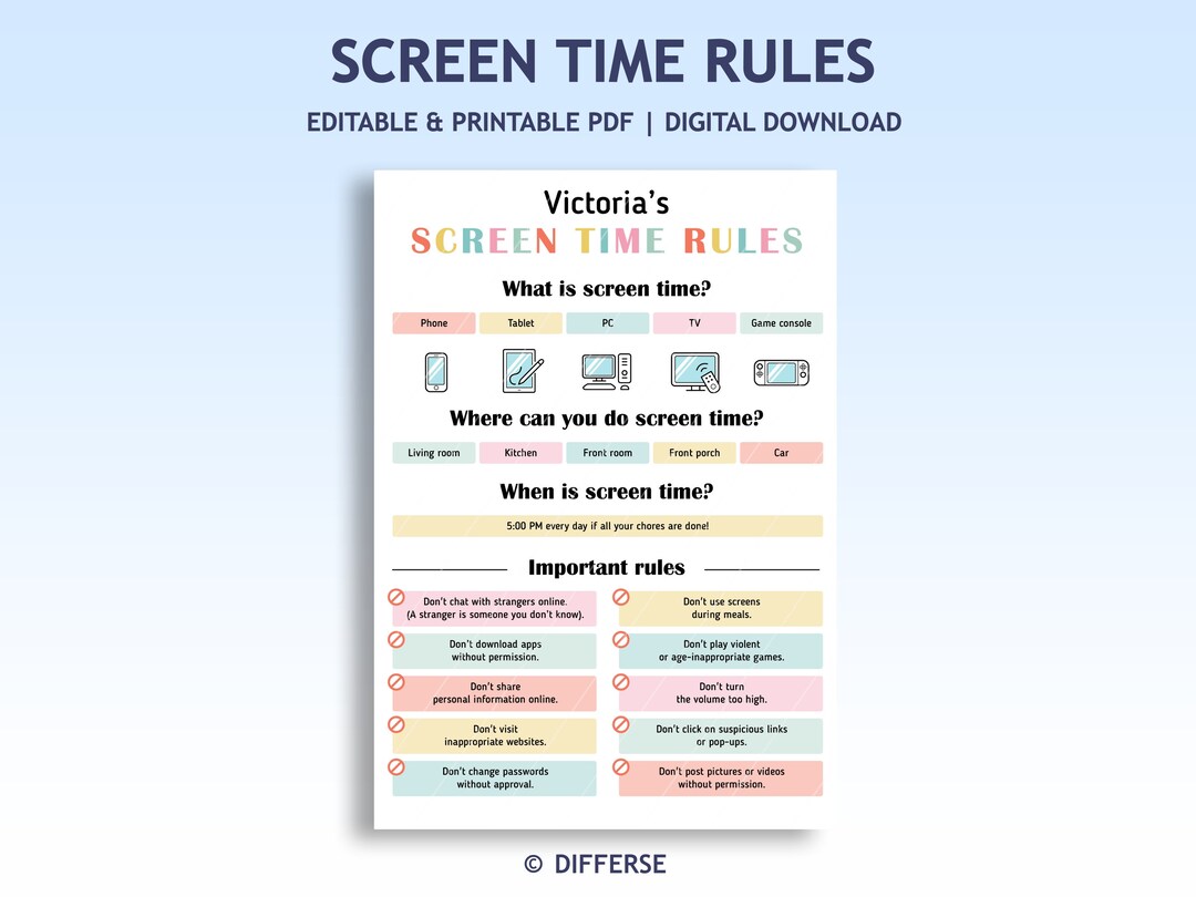 Screen Time Rules | Online Safety | Screen Time Chart | Cyber Safety ...