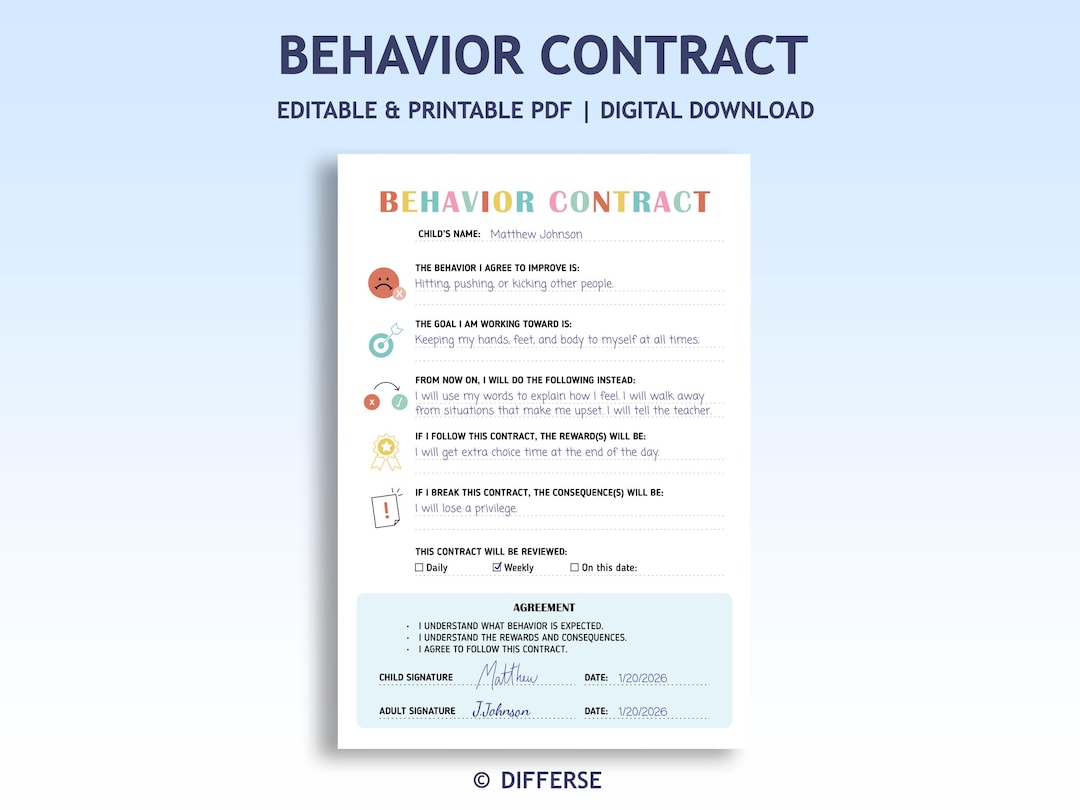 Editable Kids Behavior Contract | Kids Behavior Chart | Visual Behavior ...