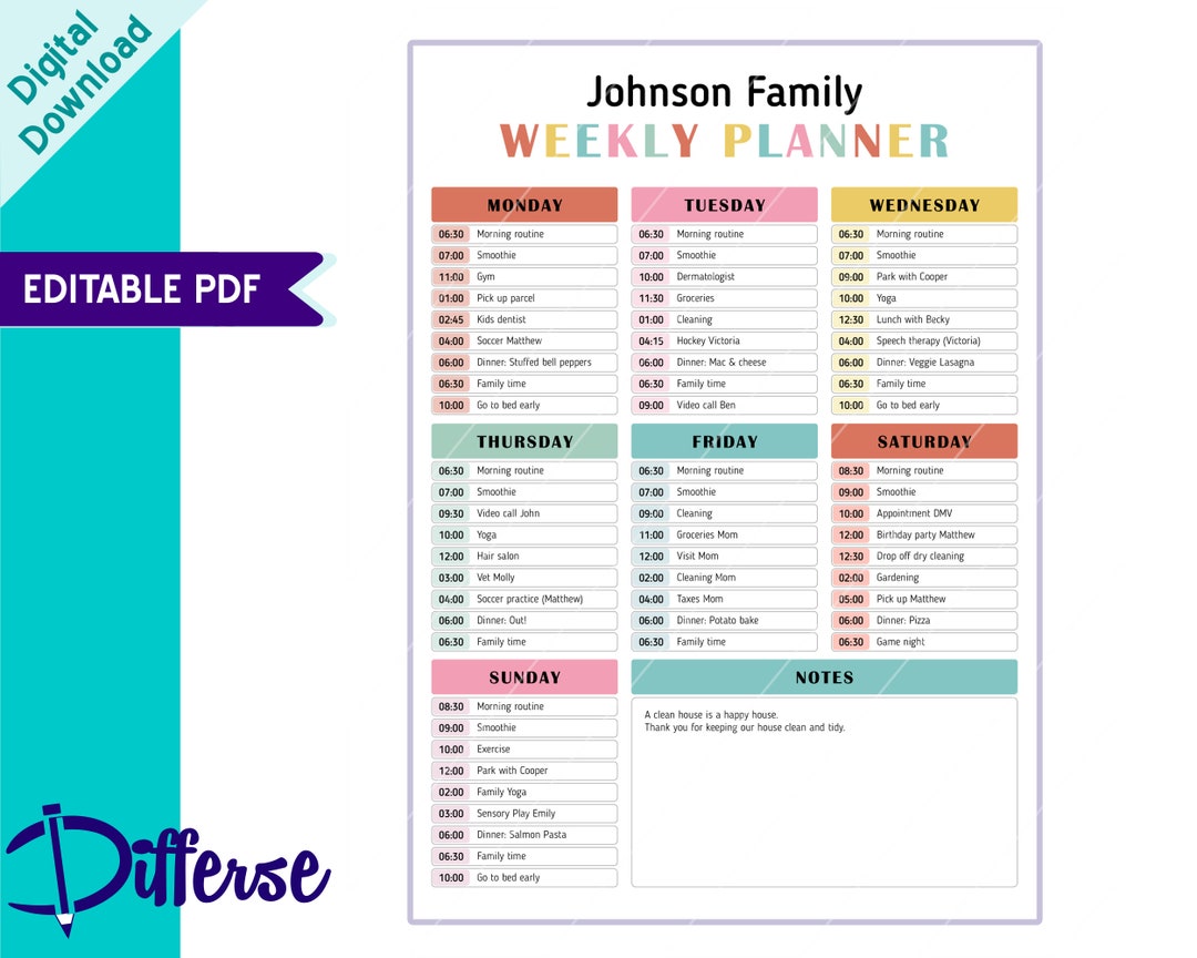 Family Weekly Planner Weekly Schedule Daily Planner - Etsy