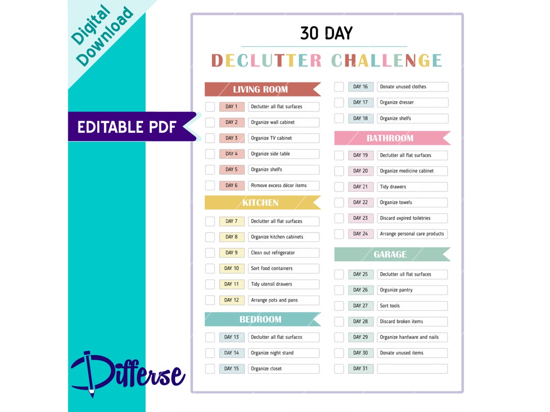 30 Day Declutter Challenge Editable 31-day Decluttering - Etsy