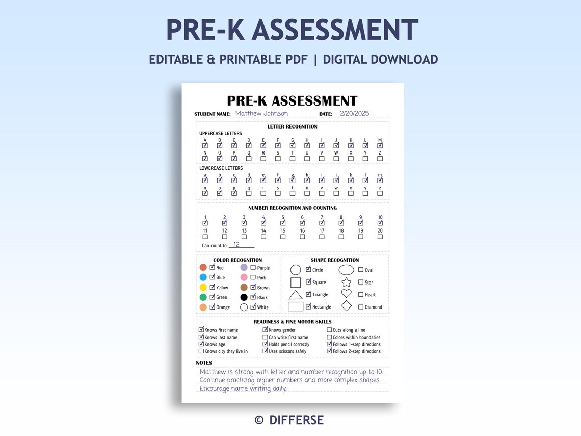 Editable Readiness Assessment | End of Year Pre-k Assessment ...