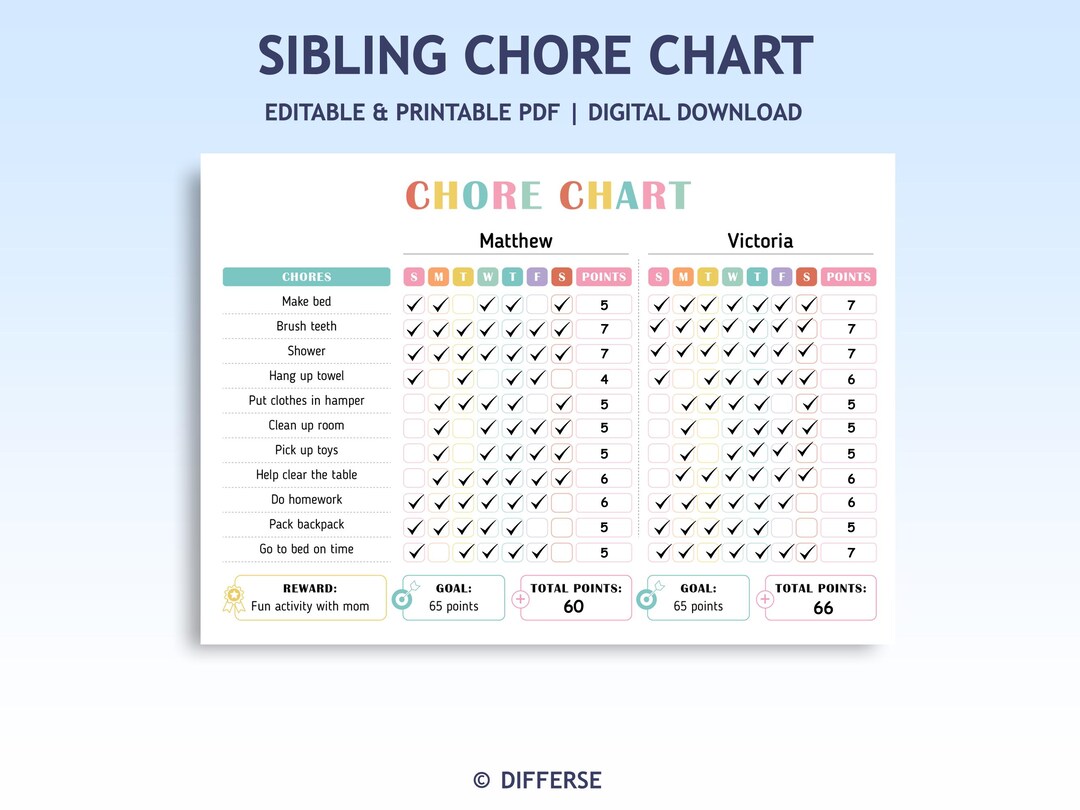 Sibling Chore Chart | Chore Chart for 2 Kids | Multiple Kids Chart ...