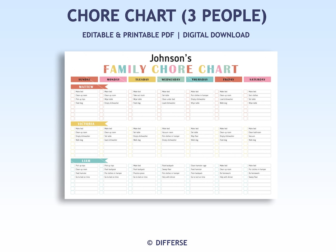 Chore Chart for 3 Kids | Family Chore Chart | Kids Chore Chart | Family ...