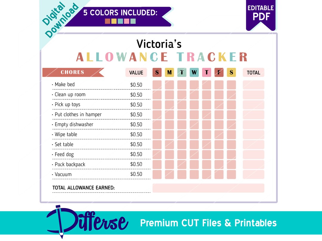 Editable Allowance Chart for Kids Allowance Tracker - Etsy