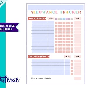 Allowance Tracker for Kids Allowance Chart Kids Responsibility Reward ...
