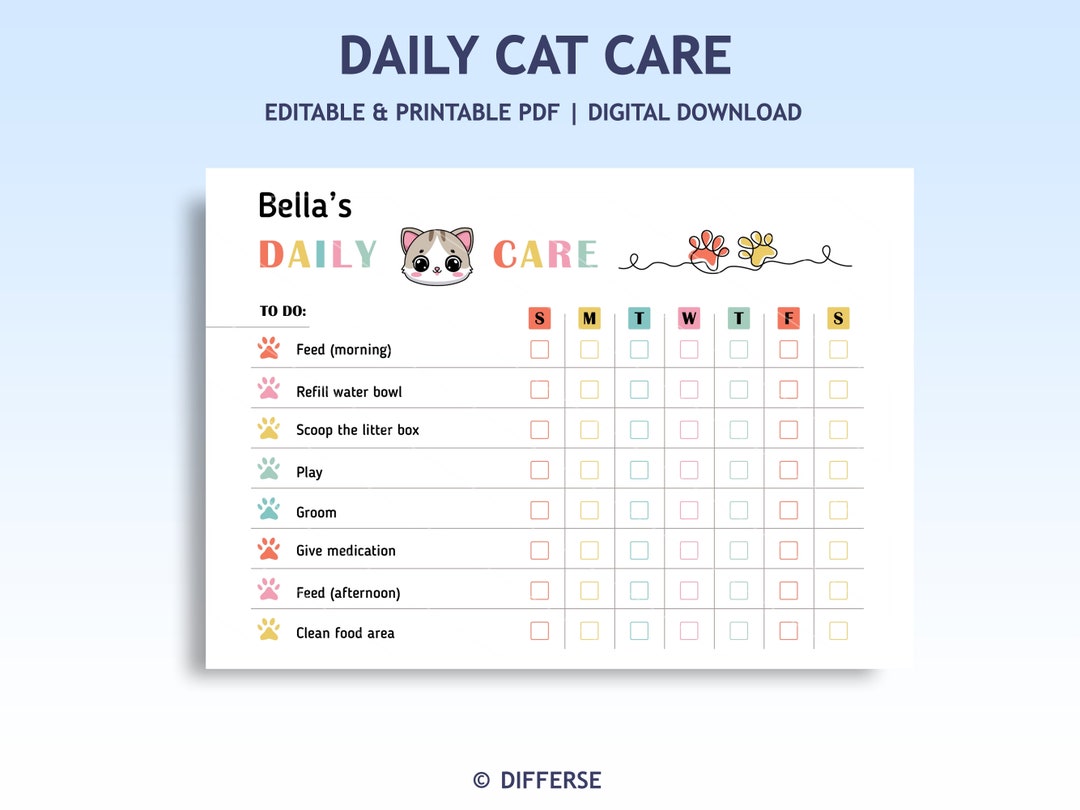 Kids Cat Care Checklist | Cat Checklist | Cat Care Planner | Pet Care ...