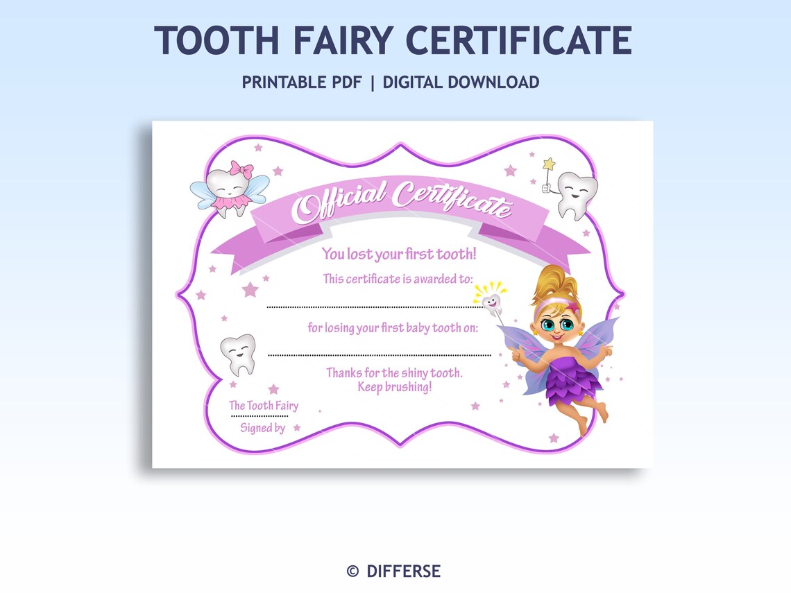 Tooth Fairy Certificate for Little Girls | First Lost Tooth | Tooth ...
