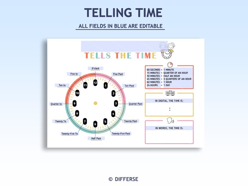 Telling Time Chart | Learn to Tell Time | Time Worksheet | Learning ...
