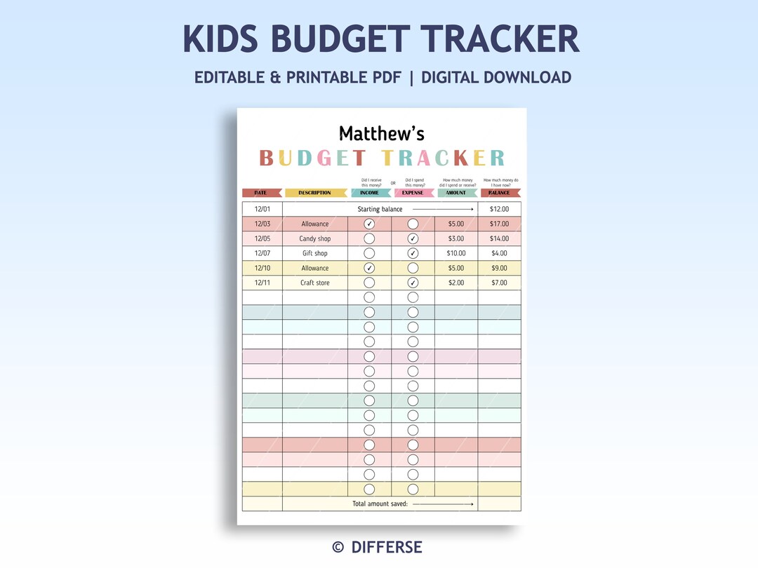 Kids Budget Tracker | Editable Budget Tracker | Allowance Tracker ...