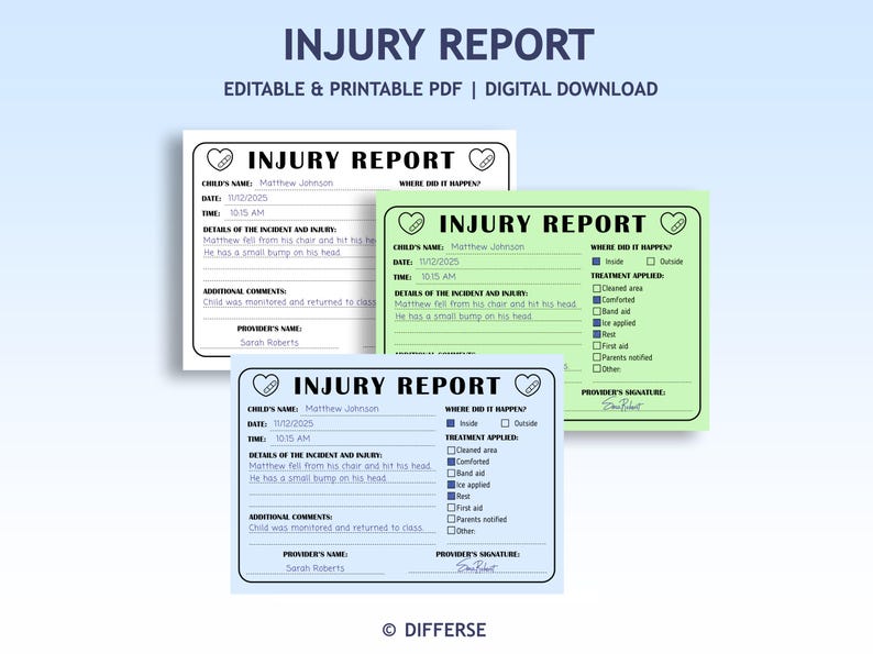 Editable Injury Report | Printable Incident Report Form | Accident ...