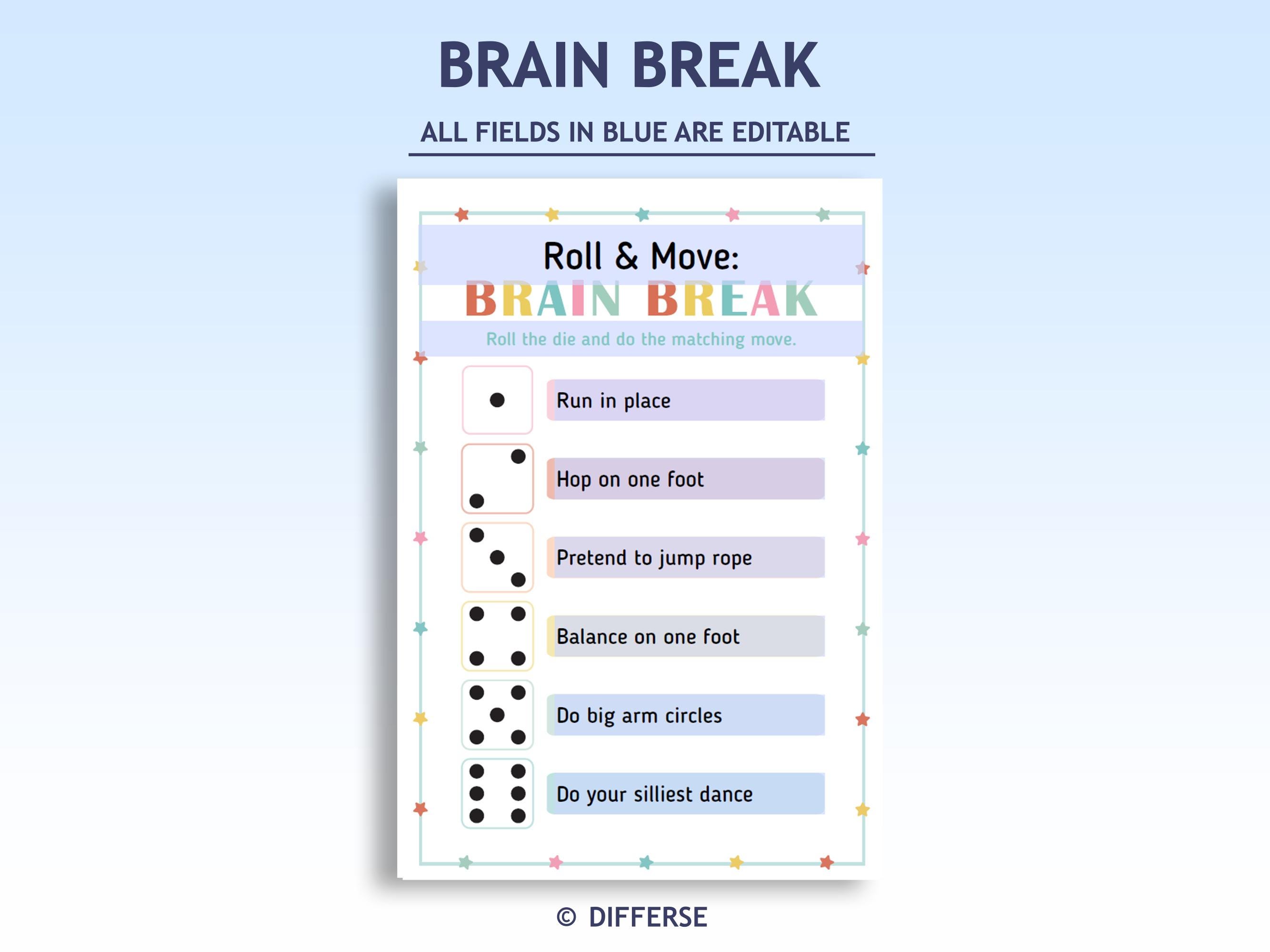 Editable Brain Break Activities | Brain Break Dice Game | Brain Break ...