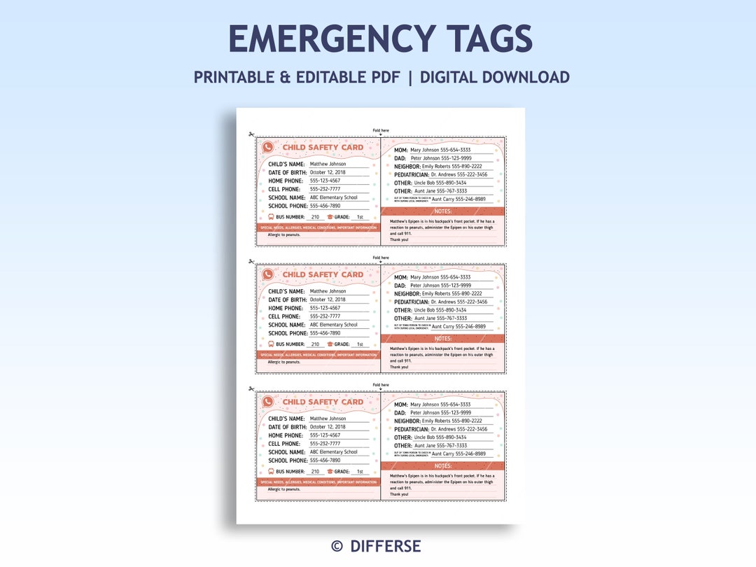 Editable Emergency Contact Card for Kids | Backpack Tag | Child ...