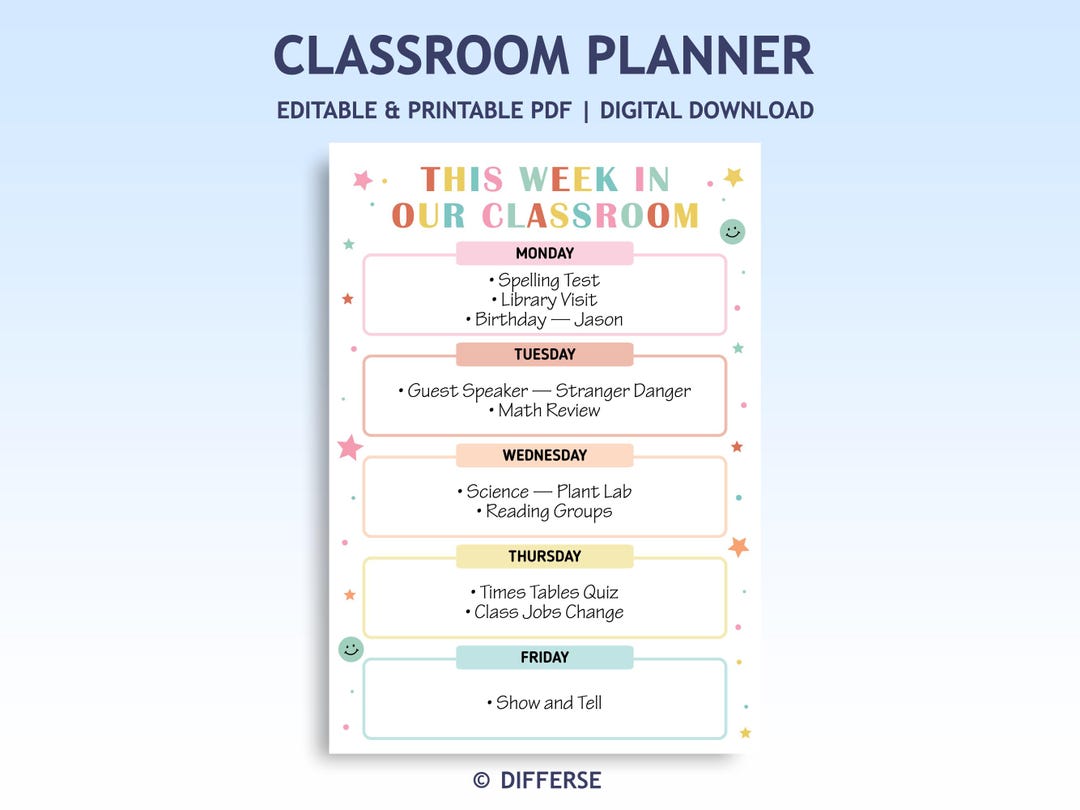 Weekly Classroom Calendar | Week at a Glance | Classroom Planner | Kids ...