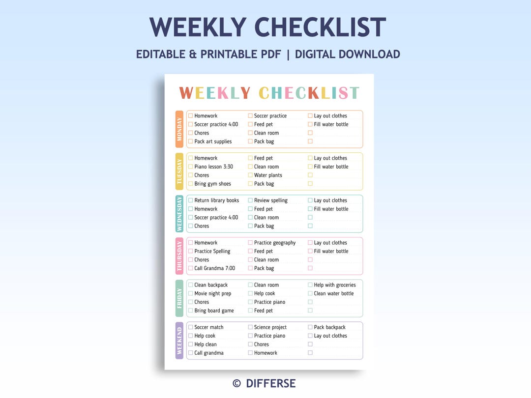 Editable Weekly Checklist | Weekly Planner | Daily to Do List | Daily ...