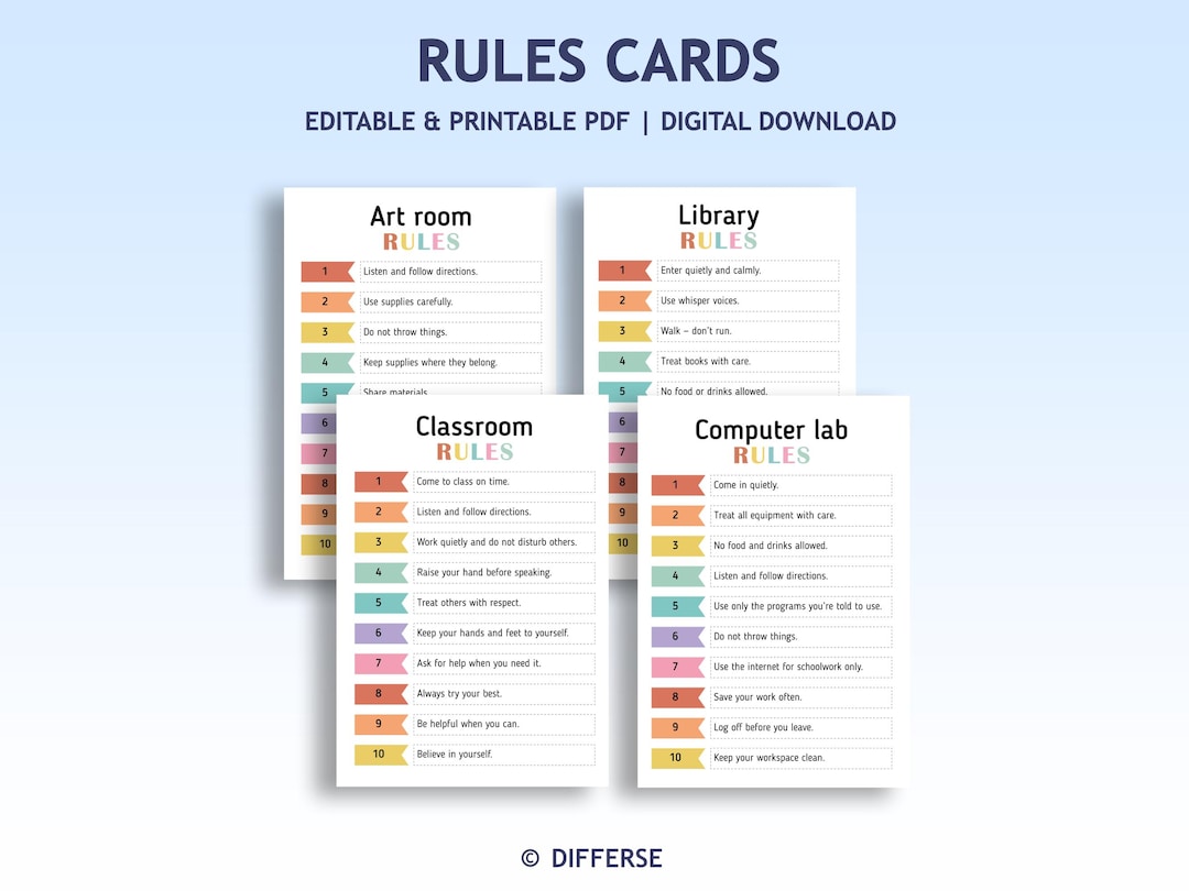 Editable Classroom Rules Cards for Different Rooms | House Rules ...