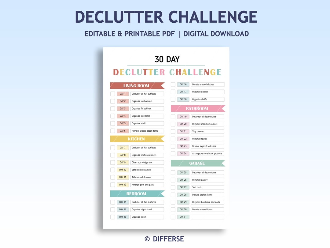 30 Day Declutter Challenge | Editable 31-day Decluttering Checklist ...