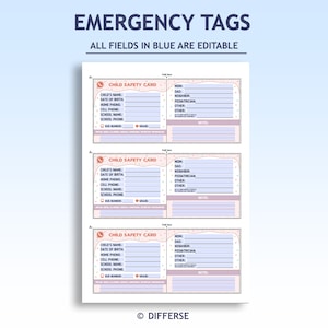 Editable Emergency Contact Card for Kids | Backpack Tag | Child ...
