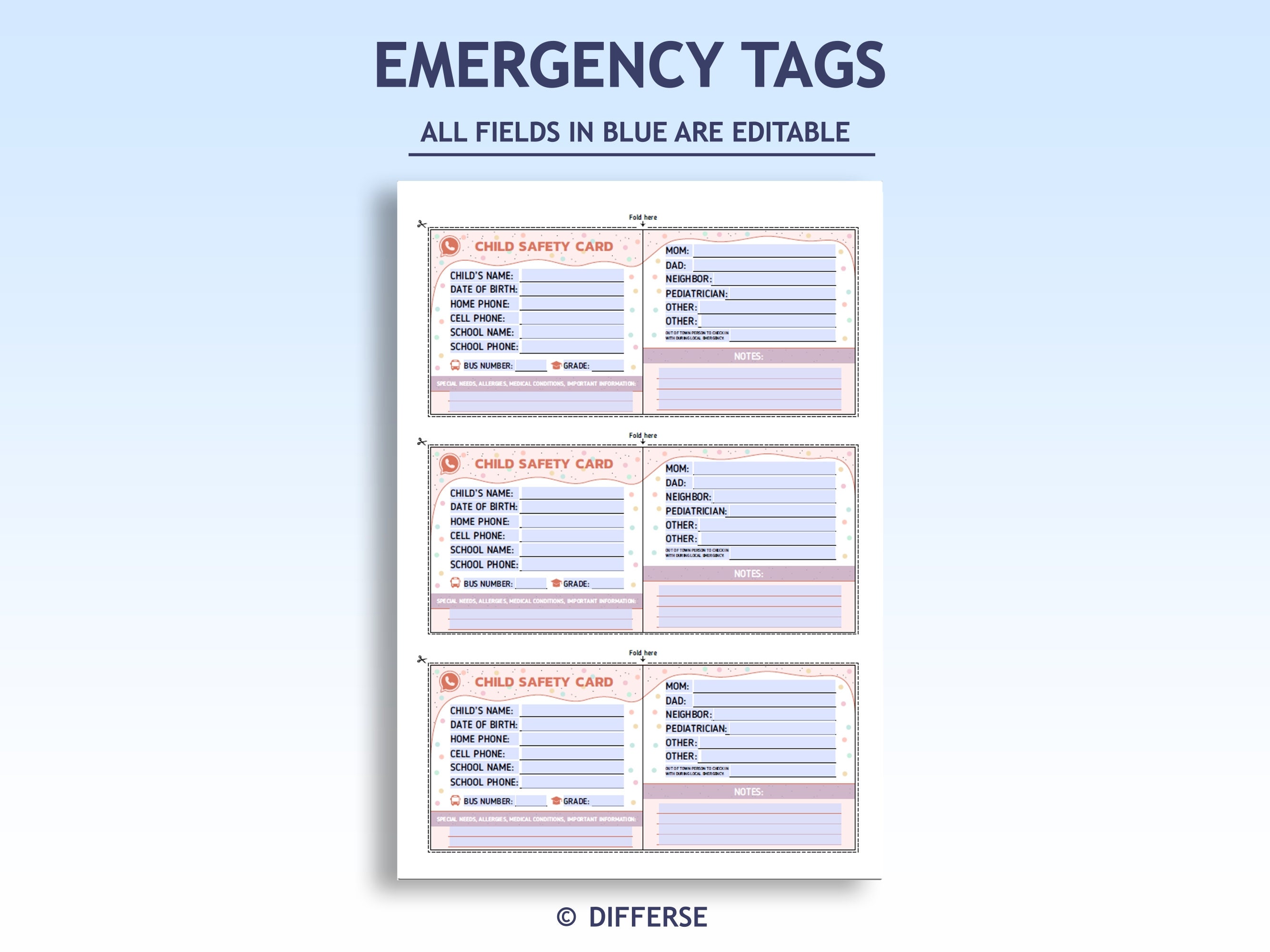 Editable Emergency Contact Card for Kids | Backpack Tag | Child ...