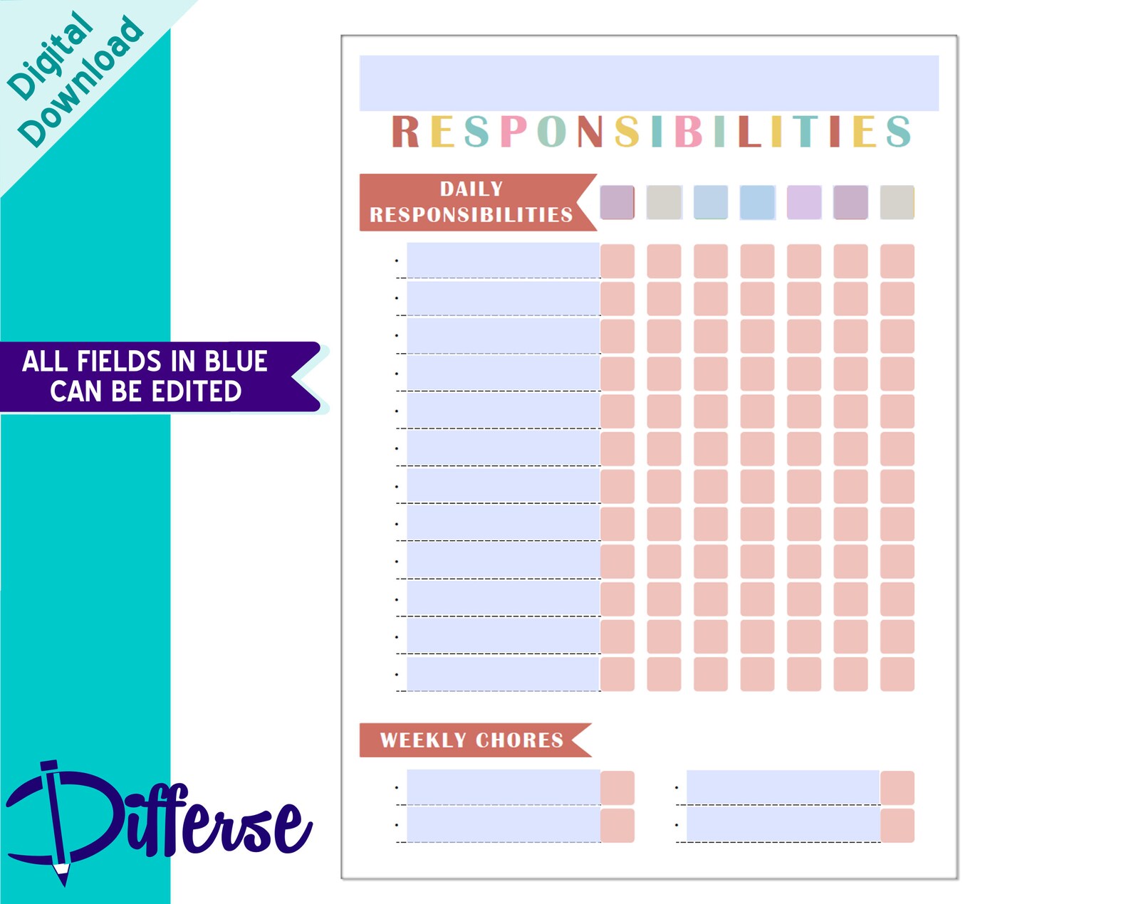 Editable Weekly and Daily Responsibility Chart for Kids - Etsy