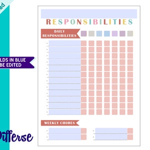 Editable Weekly and Daily Responsibility Chart for Kids Printable Chore ...