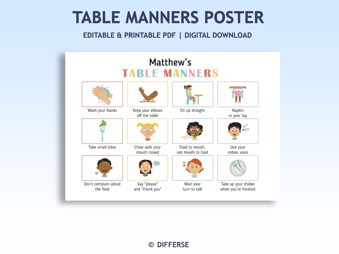Table Manners Chart for Kids | Dining Etiquette | Good Habits | Printable Table Manners Poster ...