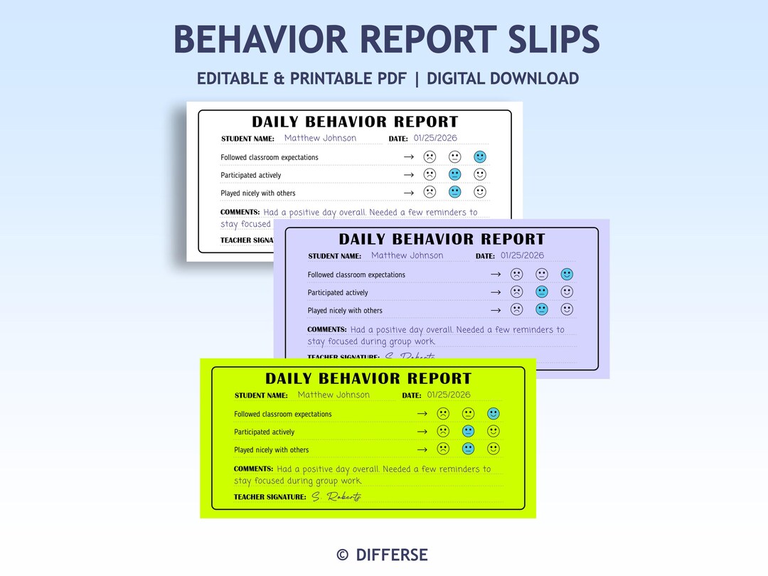 Editable Daily Behavior Report Slips | Student Behavior Tracker ...