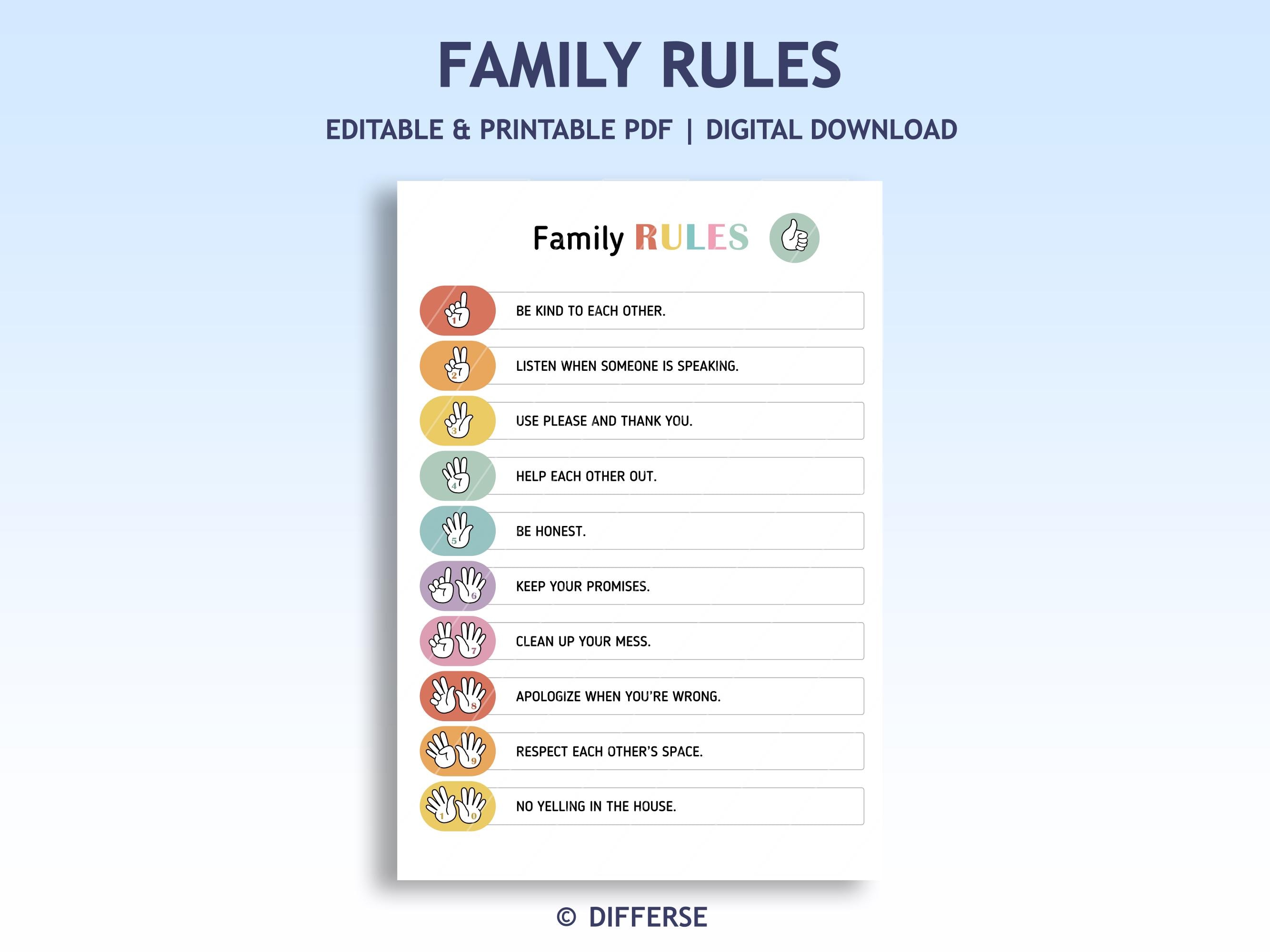 Family Rules for Kids | Editable House Rules Chart | Printable Family ...