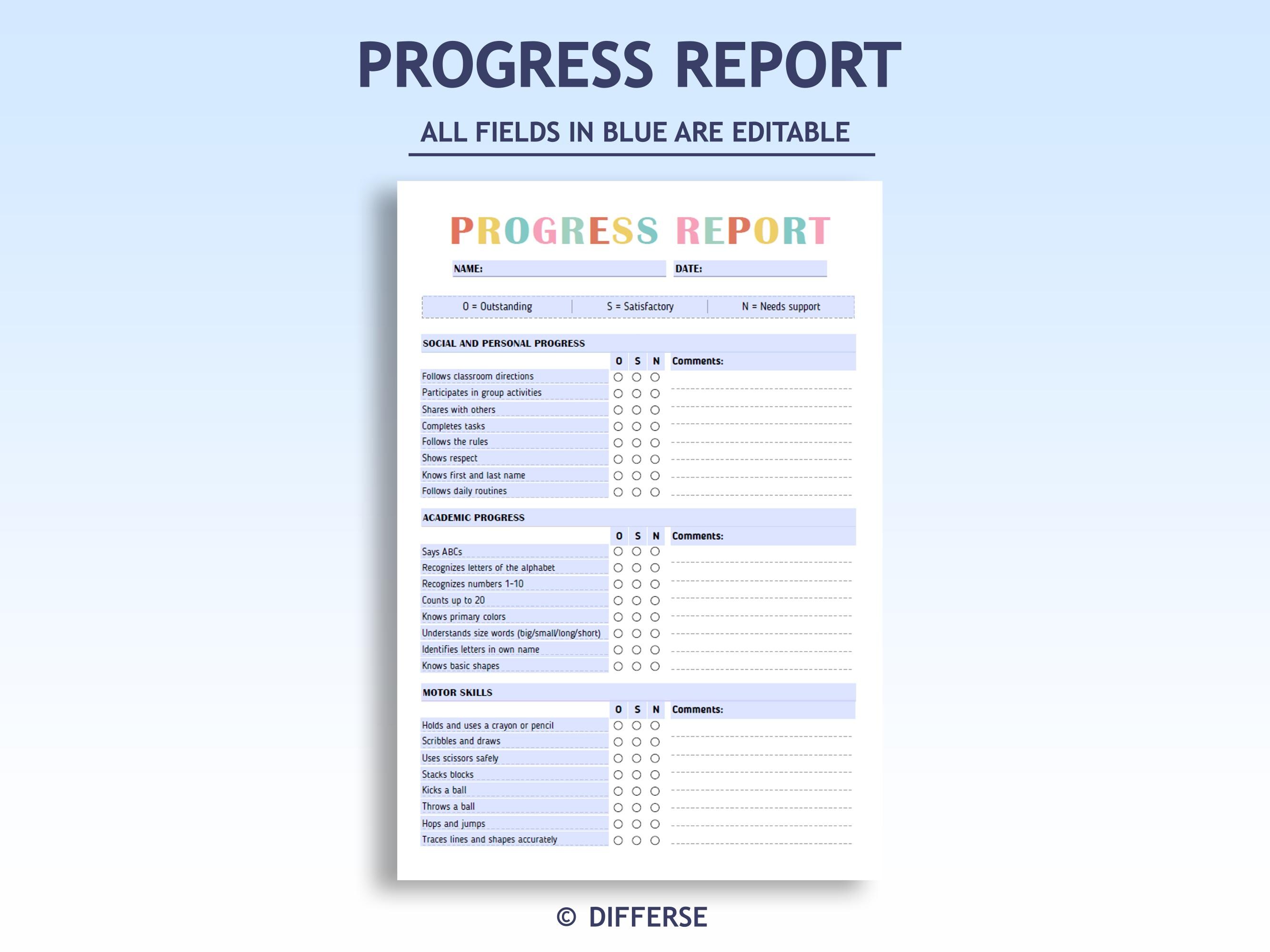 Editable Progress Report Template | Printable Report Card | School ...