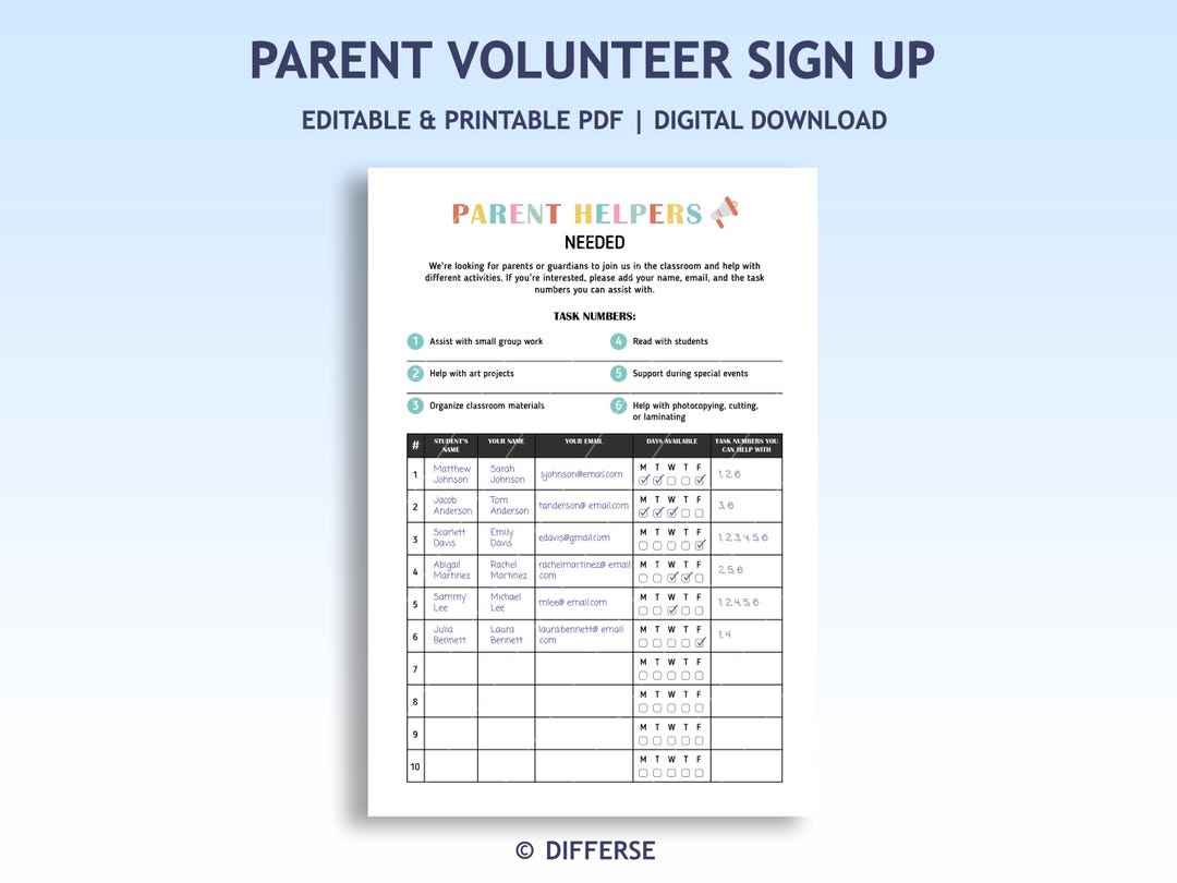 Editable Parent Volunteer Sign up Sheet | Parent Volunteer Form ...