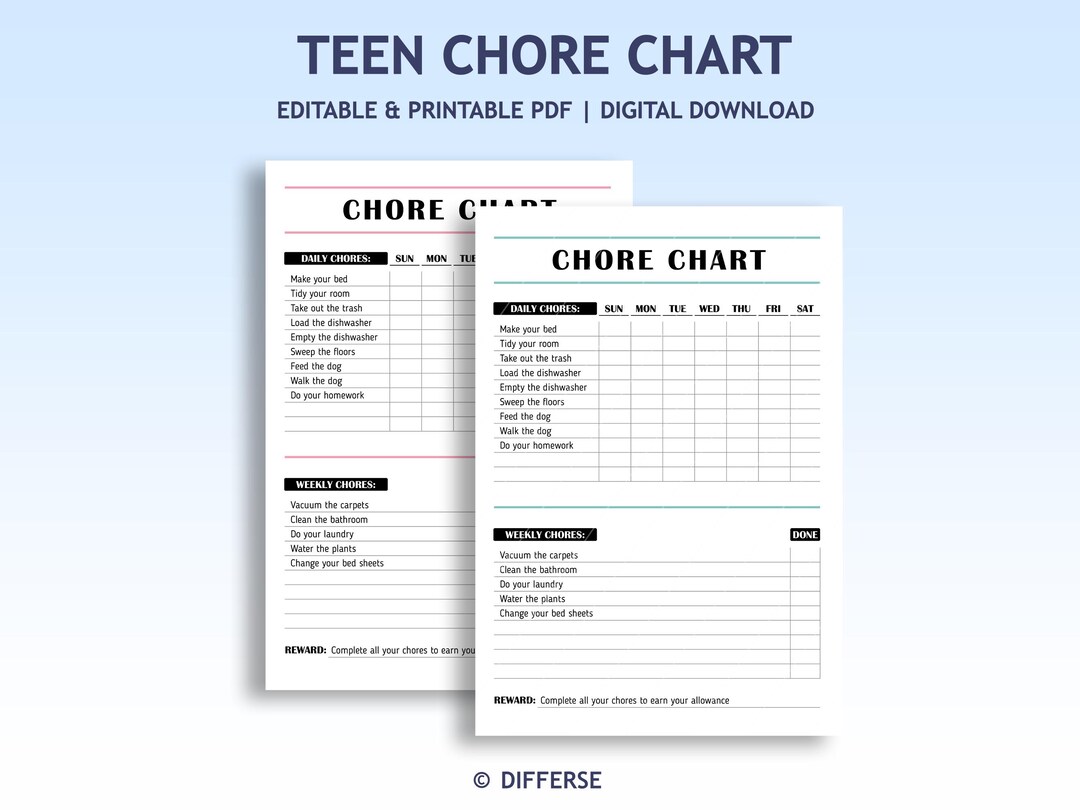 Teenager Chore Chart | Teen Chore Chart | Chore Chart for Teens | Kids ...