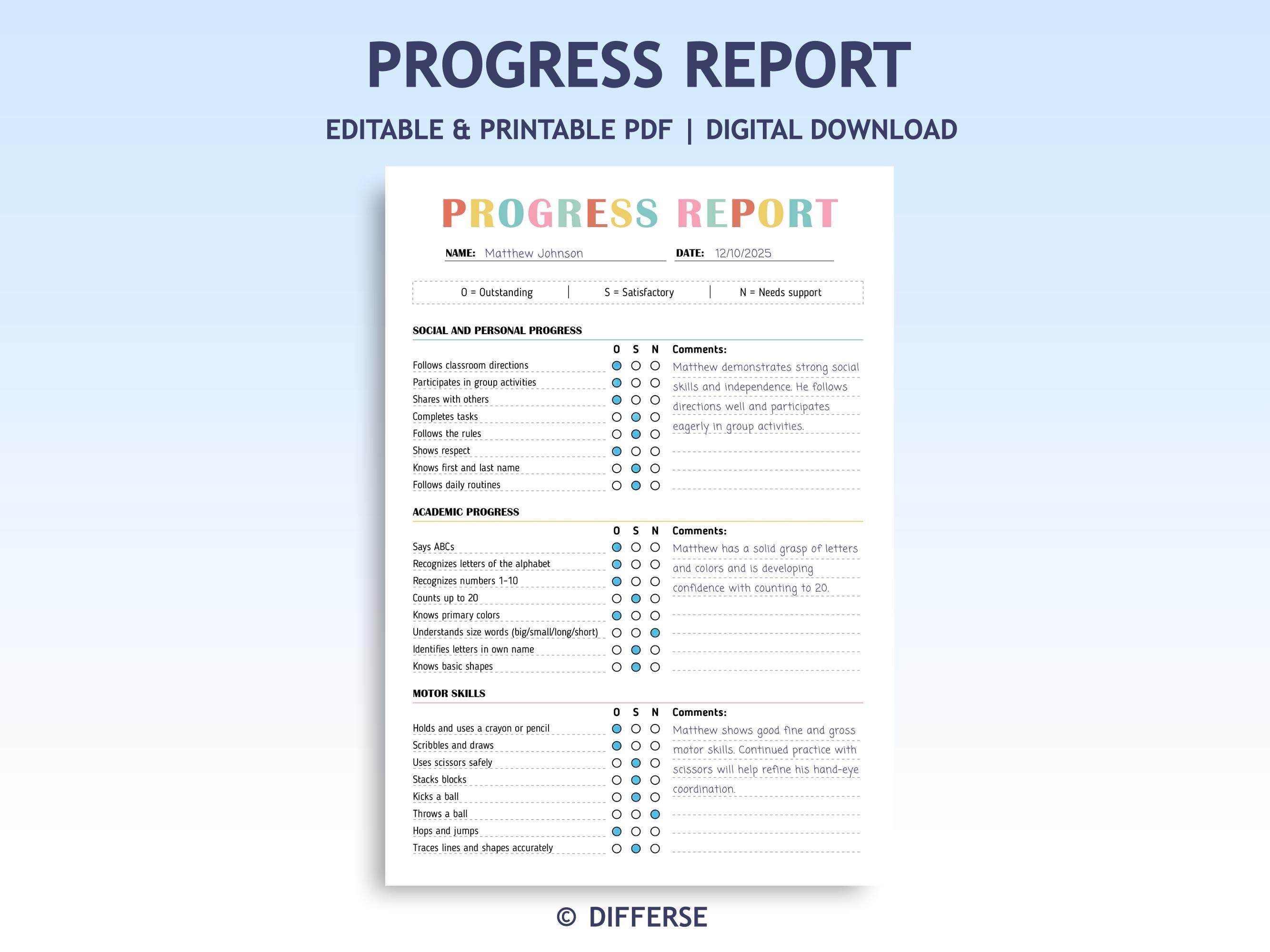Editable Progress Report Template | Printable Report Card | School ...