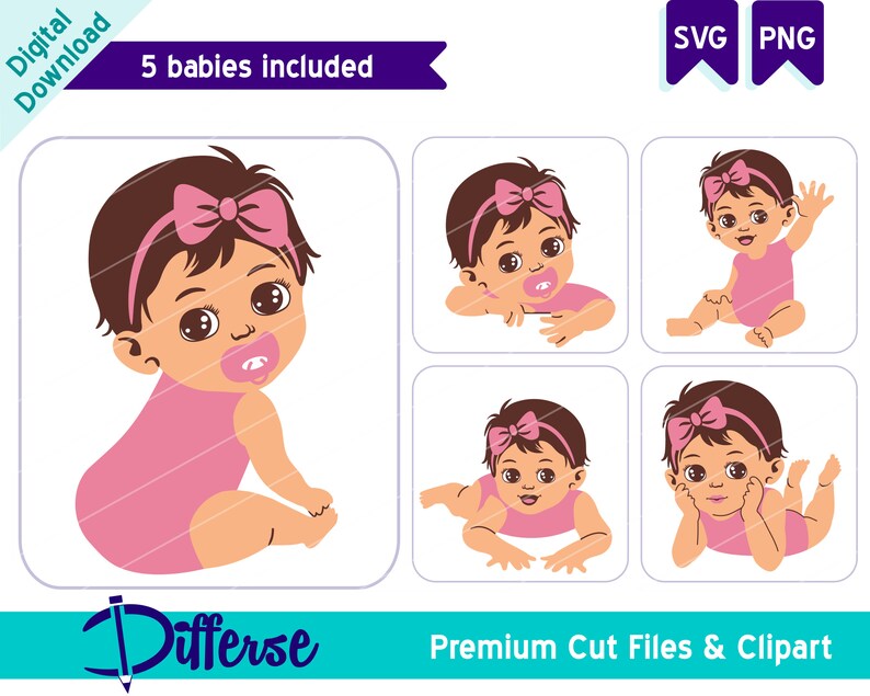 Set of 5 Cute Baby Girls SVG Cut File & PNG Baby Girl SVG - Etsy