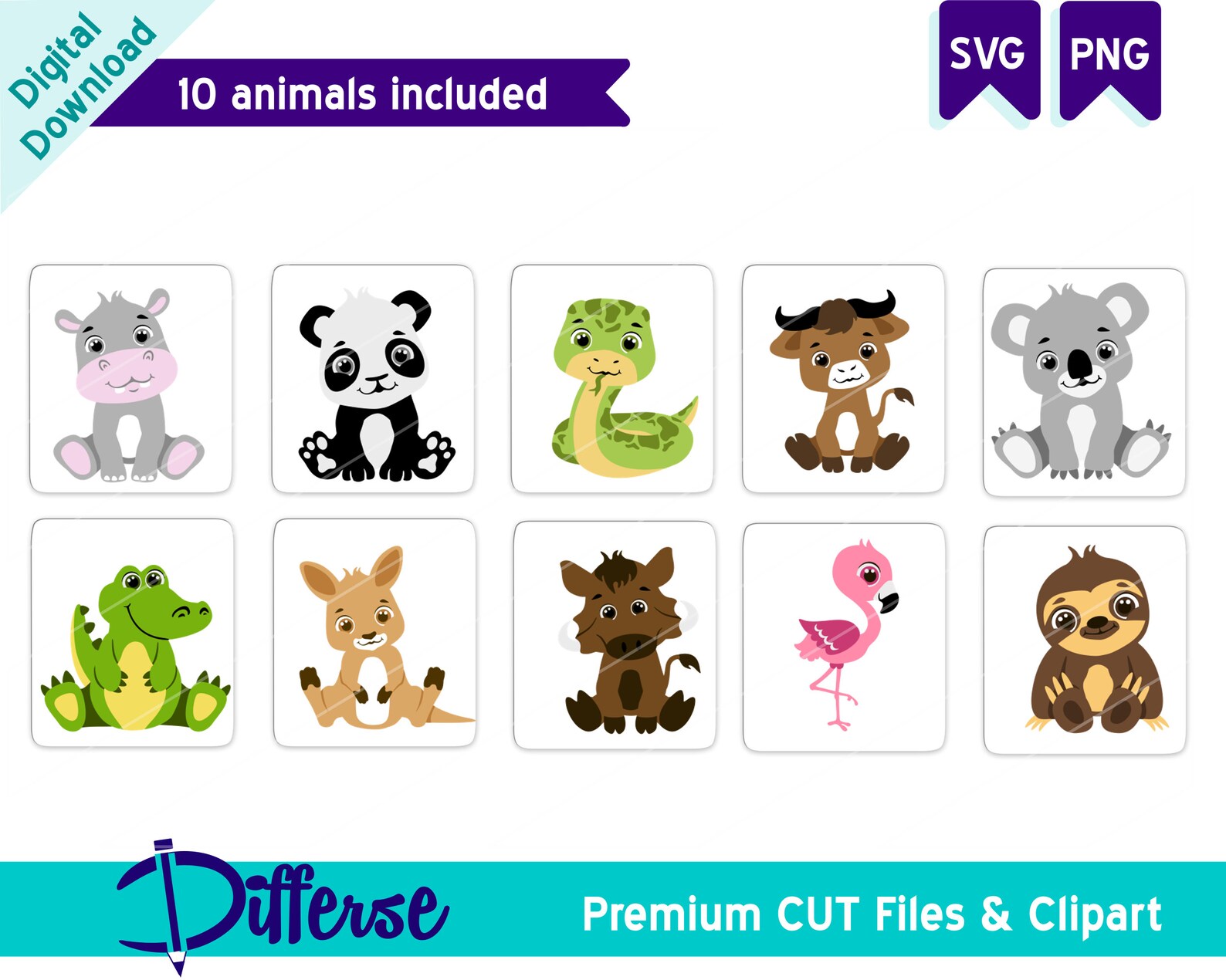 10 Cute Baby Safari Animals SVG Cut File & PNG Baby Jungle - Etsy