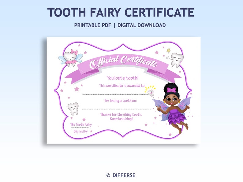 Certificado de hada de los dientes para niñas afroamericanas / Diente ...