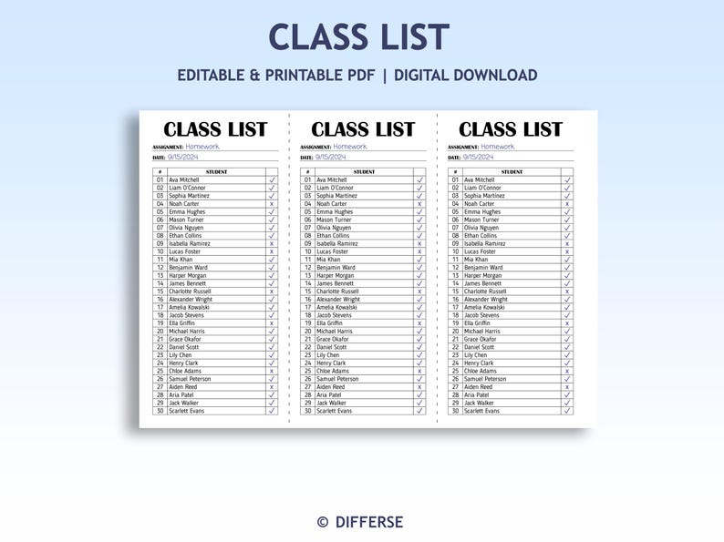 Editable Class List Template | Class List Checklist | Attendance ...