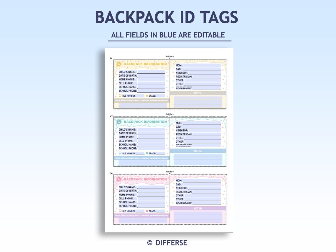 Editable Backpack ID Tag | Child Identification Card | Emergency Card ...