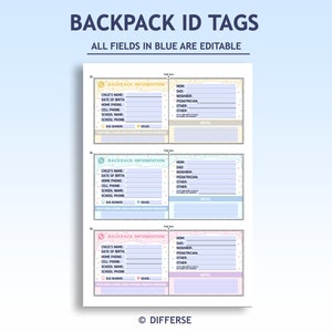 Editable Backpack ID Tag | Child Identification Card | Emergency Card ...