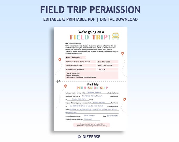 Field Trip Permission Slip Template Printable, School Permission Slip ...