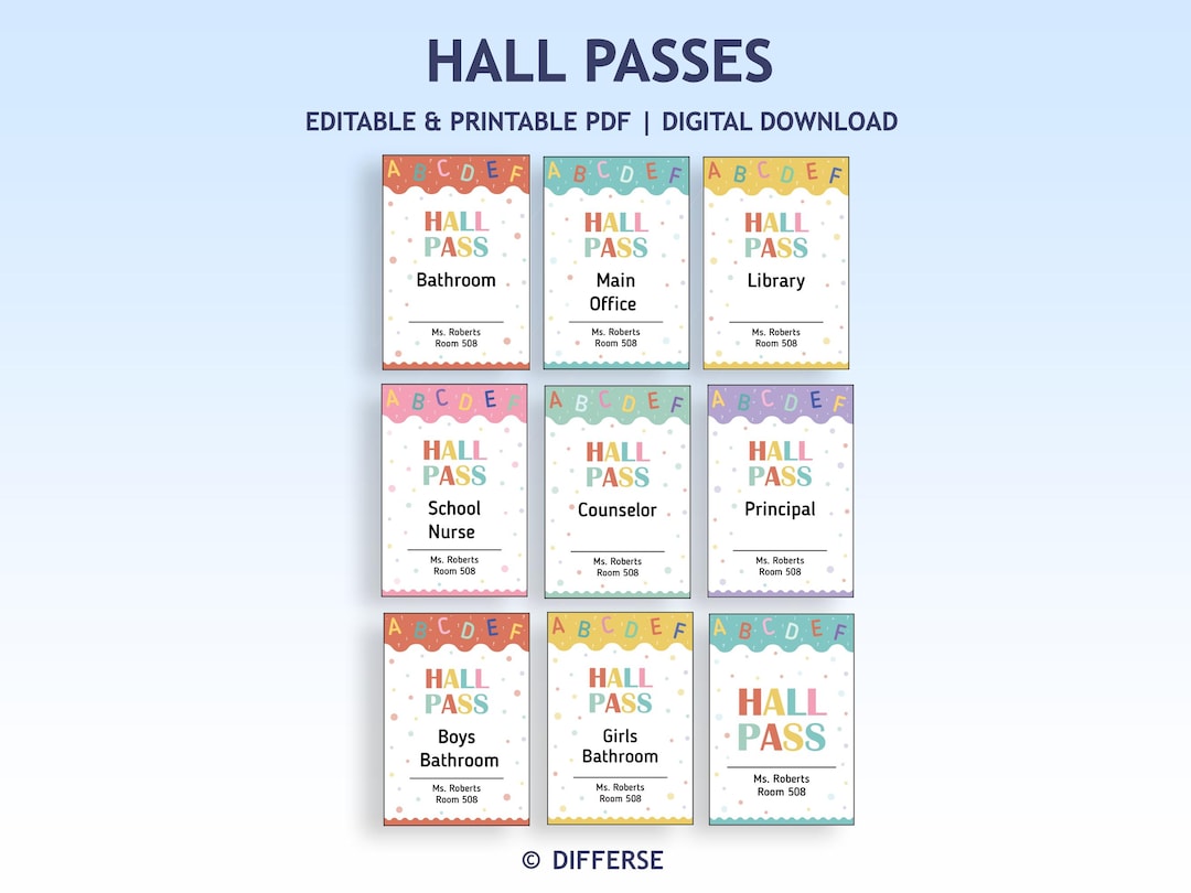 Printable Hall Passes | Editable Hall Pass Template | Bathroom Passes ...