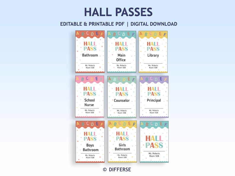 Printable Hall Passes | Editable Hall Pass Template | Bathroom Passes ...