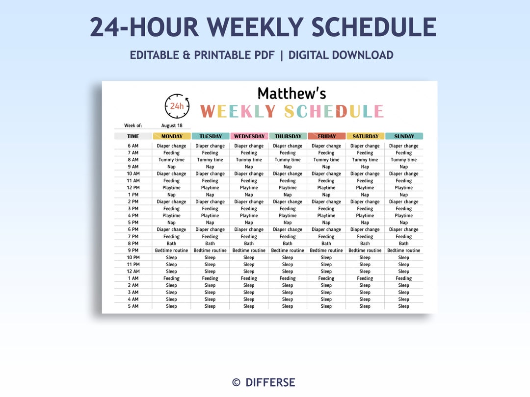 24 Hour Weekly Planner for Kids | 24 Hour Weekly Schedule | Nanny ...