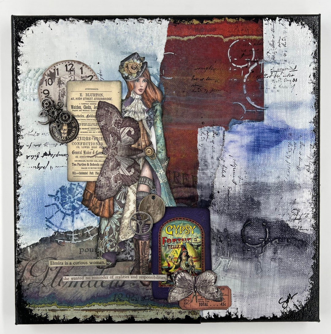Steampunk Collage Canvas: "the Curious Cat" Mixed Media Art (10x10 Inch ...