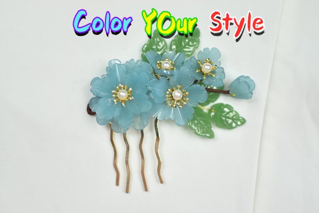 Blue & Green Flower Handmade Hair Comb Blue Hair Comb Green Hair Comb ...