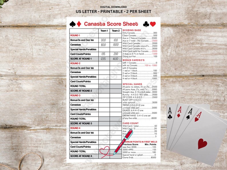 Half Sheet Canasta Score Sheet - Print at Home - Etsy